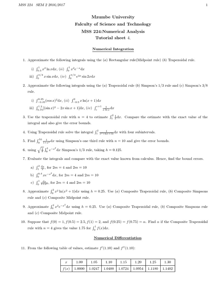 Mzumbe University Falculty of Science and Technology MSS 224:numerical Analysis Tutorial Sheet 4 ...