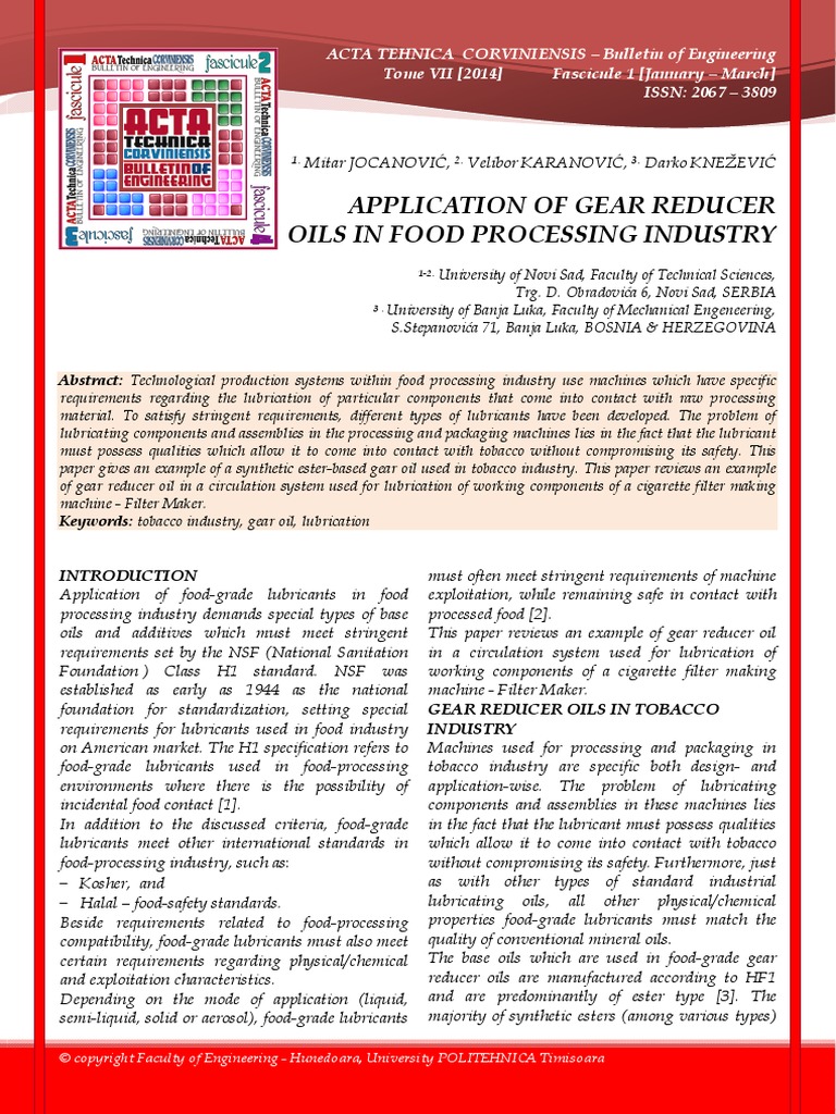Application of Gear Reducer Oils in Food Processing Industry | PDF ...