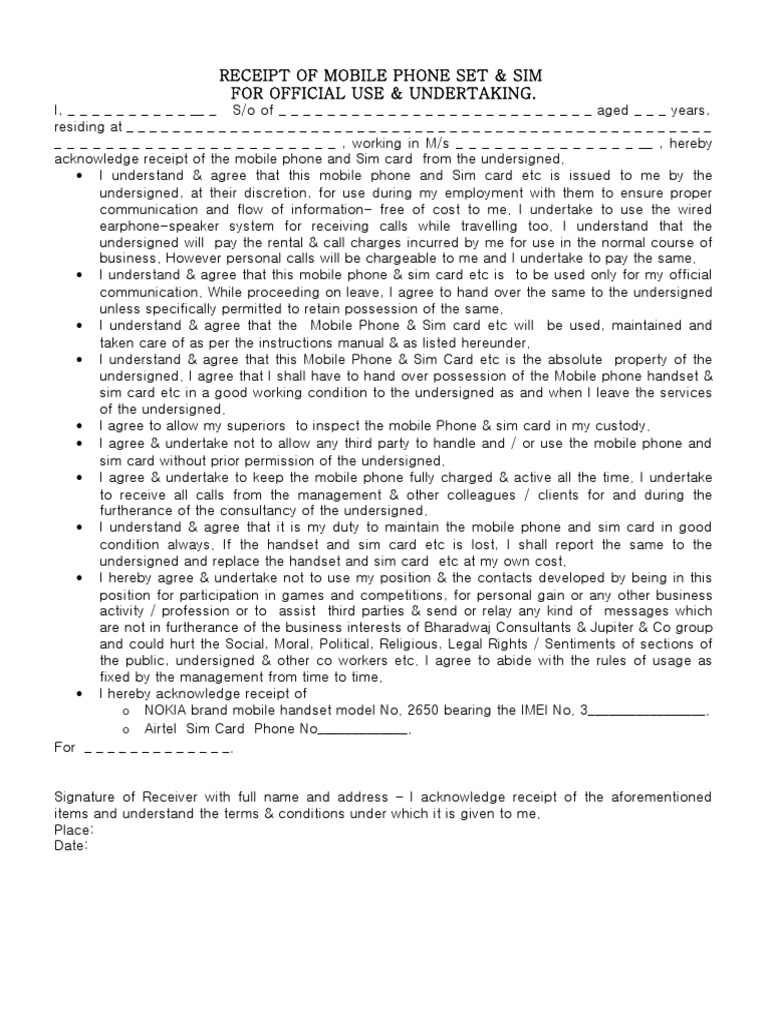 Mobile Phone Receipt and Agreement | PDF | Subscriber Identity Module ...