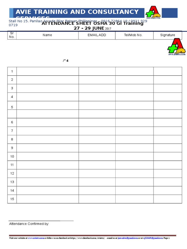 Avie Training and Consultancy Services: Attendance Sheet Osha 30 Gi ...