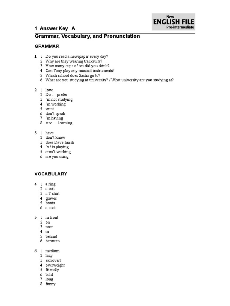 1 Answer Key A Grammar, Vocabulary, and Pronunciation | PDF ...