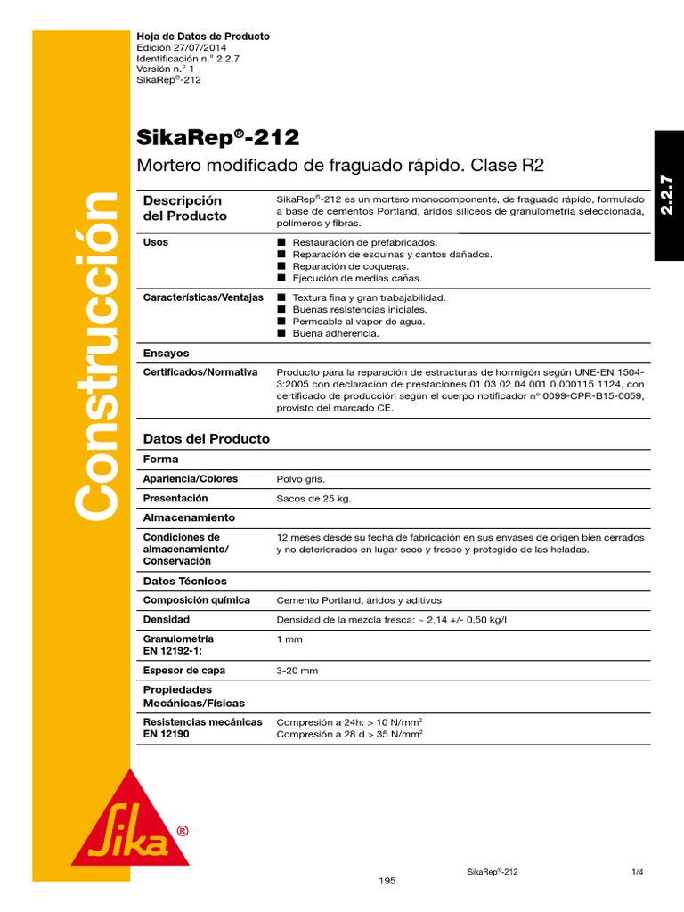 SikaRep 212 | PDF | Revestimiento | Hormigón