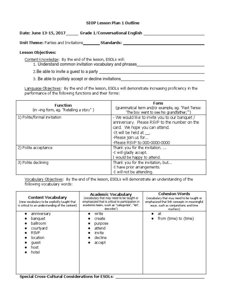 Lesson Plan Outline 1 Grade1 | PDF | Vocabulary | Understanding