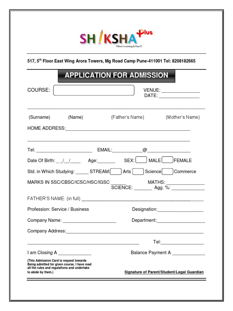 Application for Admission to SHIKSHA PLUS Course: Details and ...