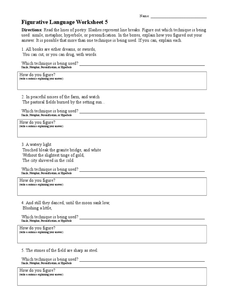 Figurative Language Worksheet 05 | PDF | Metaphor | Poetic Devices