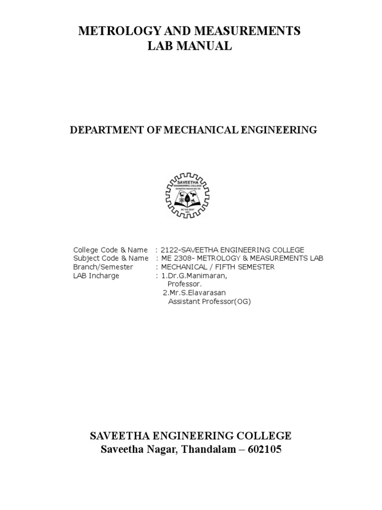 Metrology Lab Manual | PDF | Torque | Rotation Around A Fixed Axis