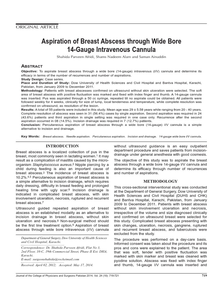 Aspiration of Breast Abscess Through Wide Bore 14-Gauge Intravenous ...