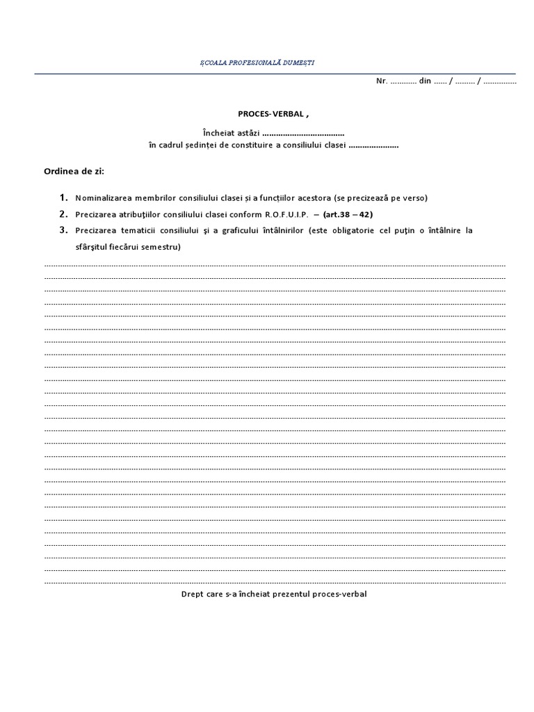Proces Verbal - Constituirea Consiliului Clasei