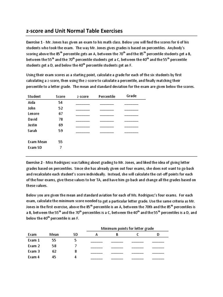 Z-Score Unit Normal Table Exercises | PDF | Percentile | Standard Score