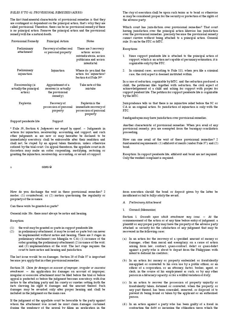 Remedial Law Reviewer - Provisional Remedies | PDF | Injunction ...