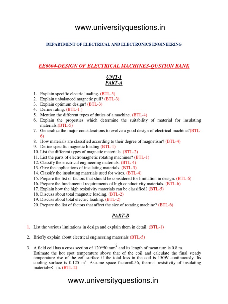 Ee 6604 Design of Electrical Machines Question Bank | Download Free PDF ...
