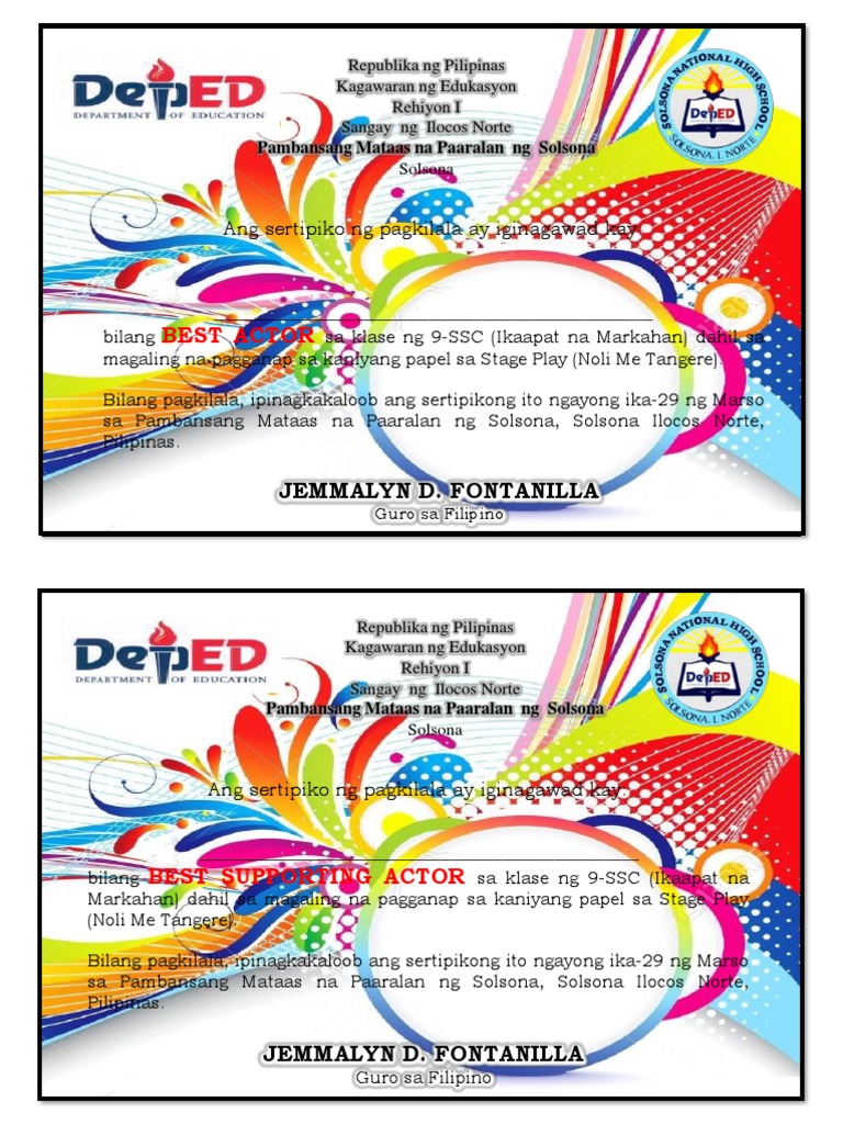 Best Actor: Ang sertipiko ng pagkilala ay iginagawad kay