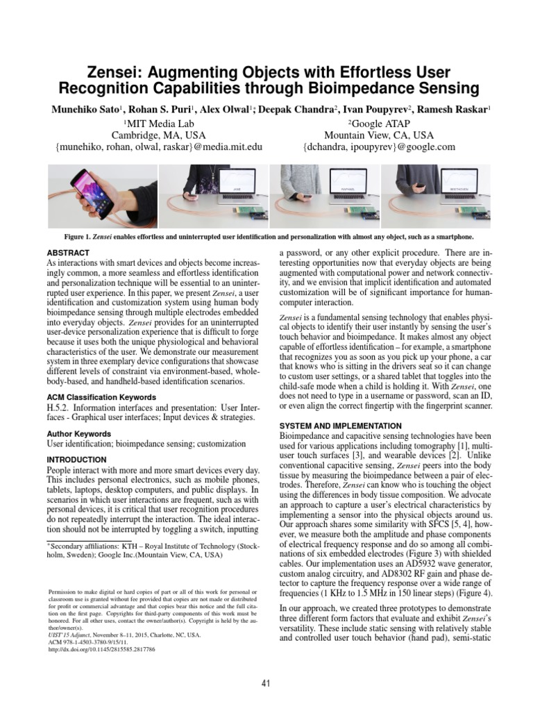 Zensei-Embedded, Multi-Electrode Bioimpedance Sensing For Implicit, Ubiquitous User Recognition ...