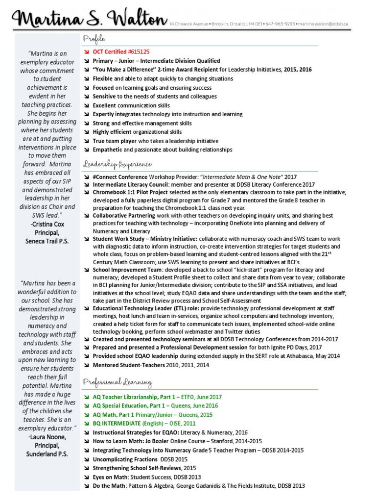 Martina Walton 2017 Resume | PDF | Literacy | Teachers