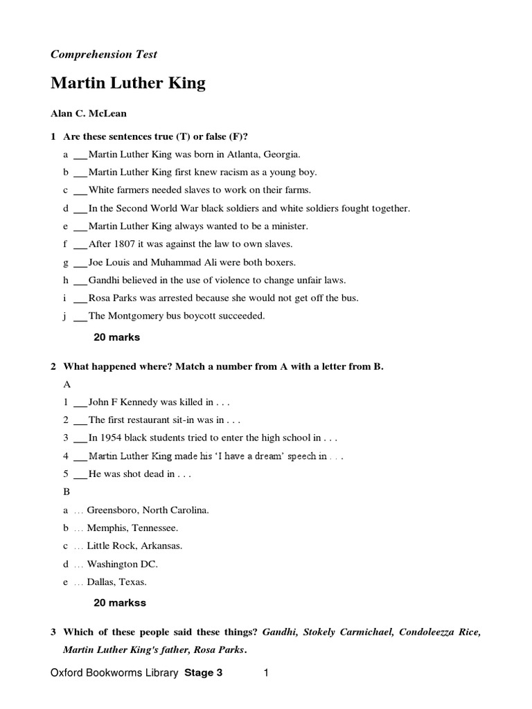 Comprehension Test Martin Luther King - Alan C. McLean PDF | PDF ...