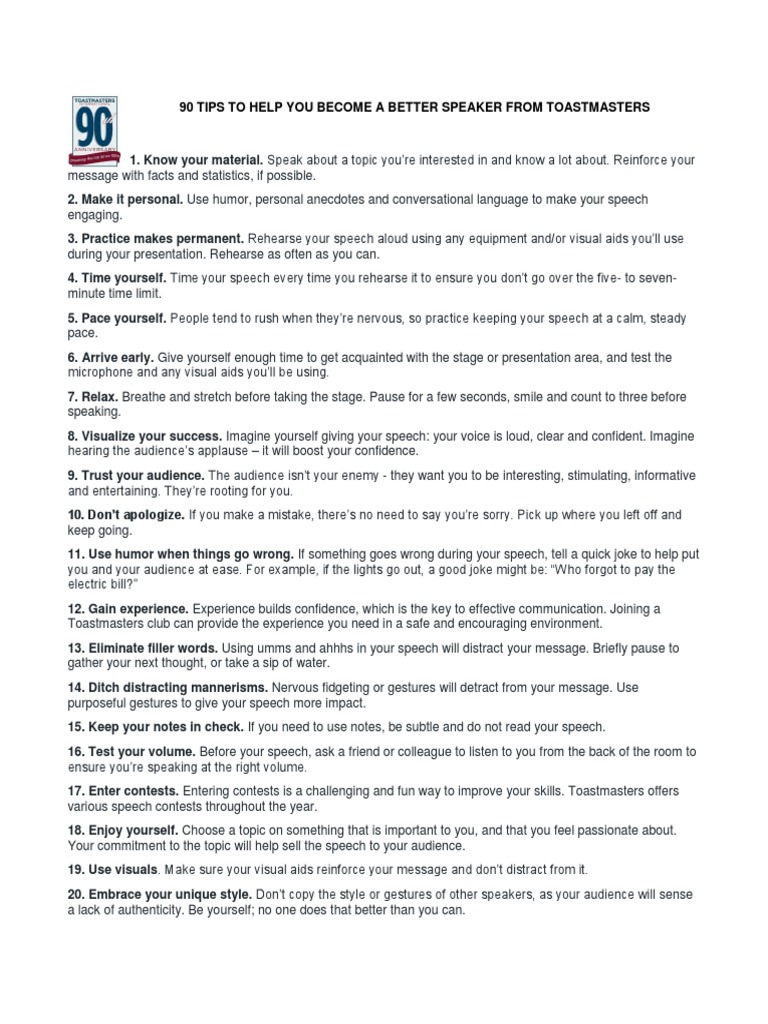 90 Tips To Help You Become A Better Speaker From Toastmasters | PDF ...