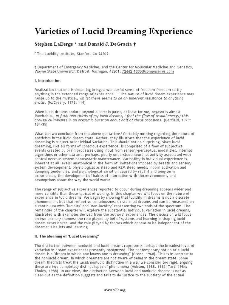 Varieties Of Lucid Dreaming Experience Stephen Laberge And Donald J