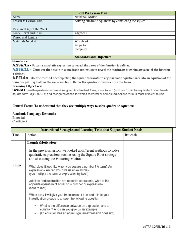 Lesson Plan 2 Completing The Square | PDF | Quadratic Equation ...