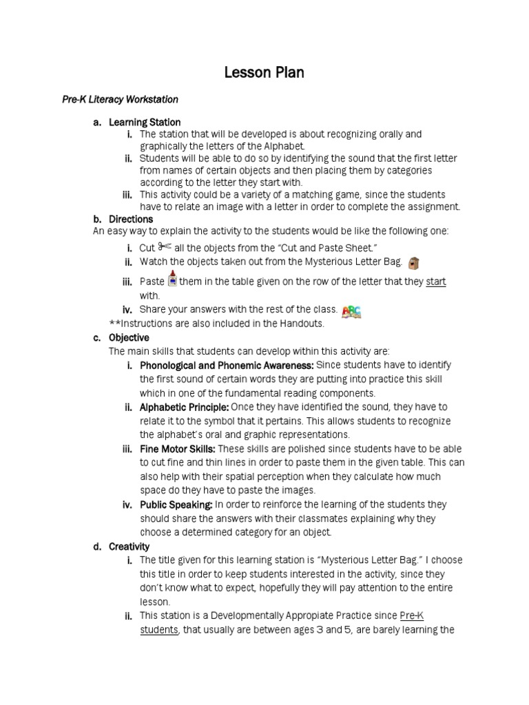 Lesson Plan: Pre-K Literacy Workstation | Download Free PDF | Alphabet ...