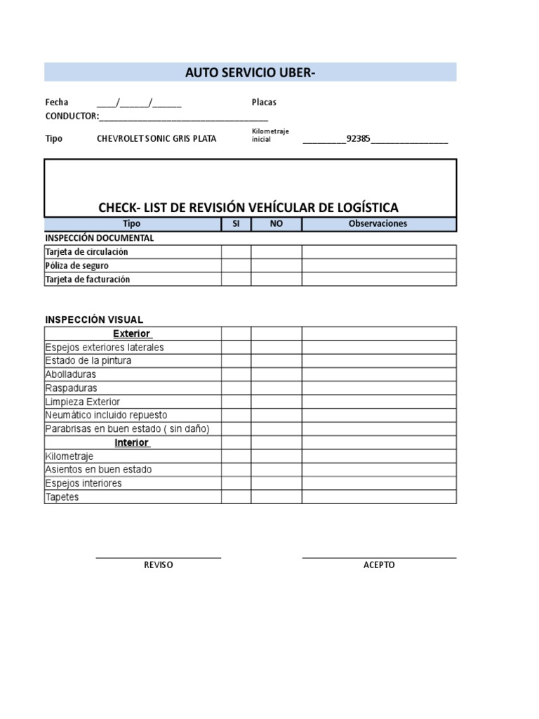 Check List Vehicular para Uber | PDF