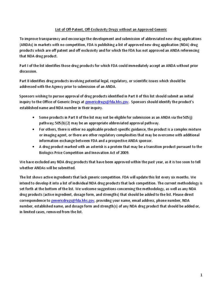 List of Off Patent Off Exclusivity Drugs With No Approved Generic | PDF ...