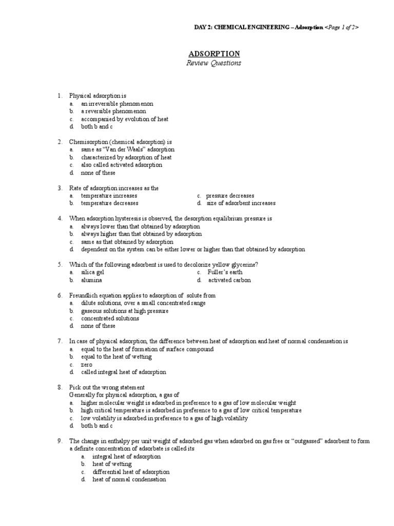 Review Questions: Adsorption | PDF | Adsorption | Phases Of Matter