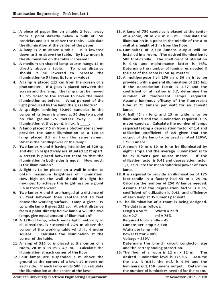 AdU Illumination Problem Set 1 | PDF | Lighting | Natural Philosophy