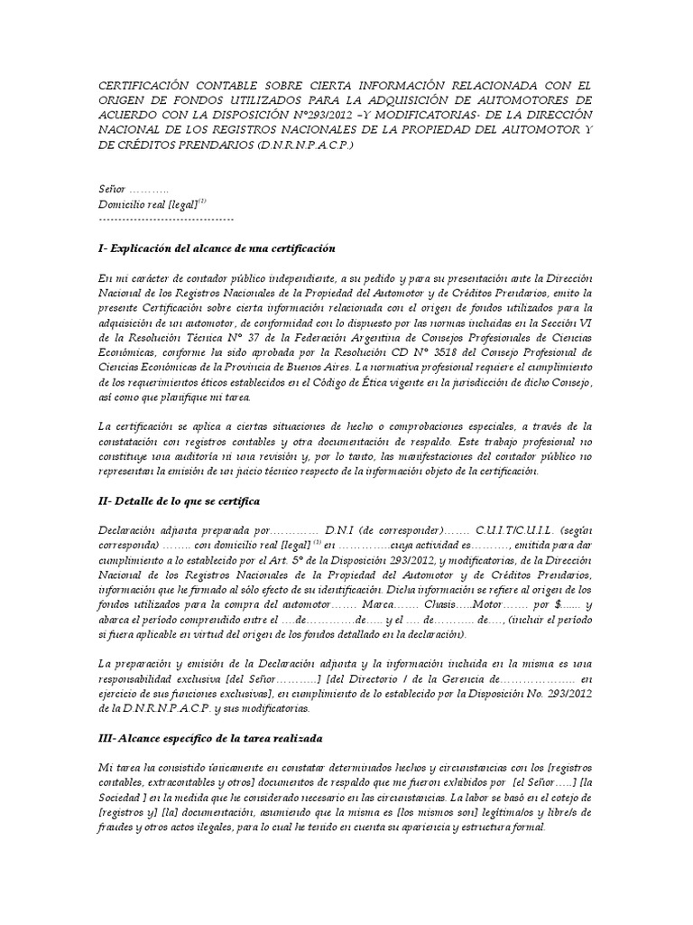 Modelo Certificacion Origen Fondos para Compra de Automotor UIF Segun ...