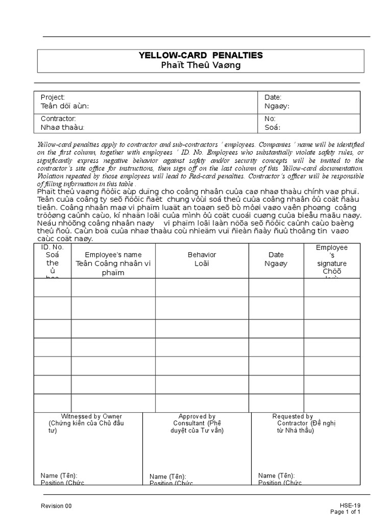 HSE 19 Yellow Card Penalties | PDF