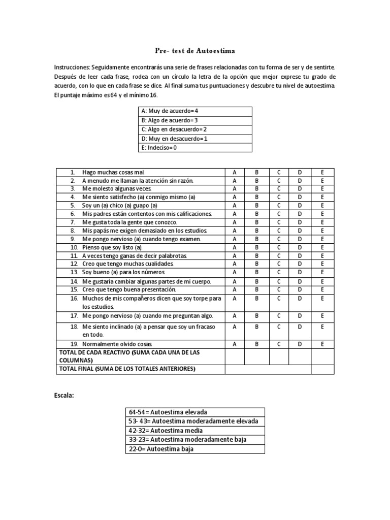 Pre-test de Autoestima: Escala