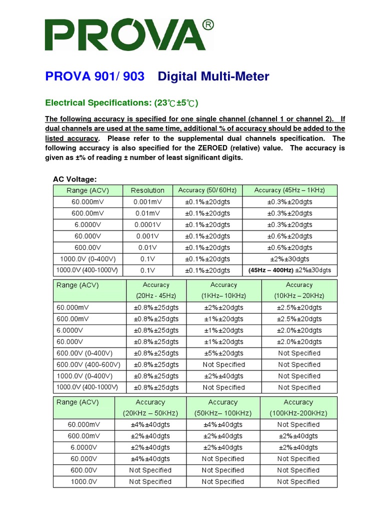 Prova 901/903 Digital Multi-Meter Specs | PDF | Power Supply | Capacitor