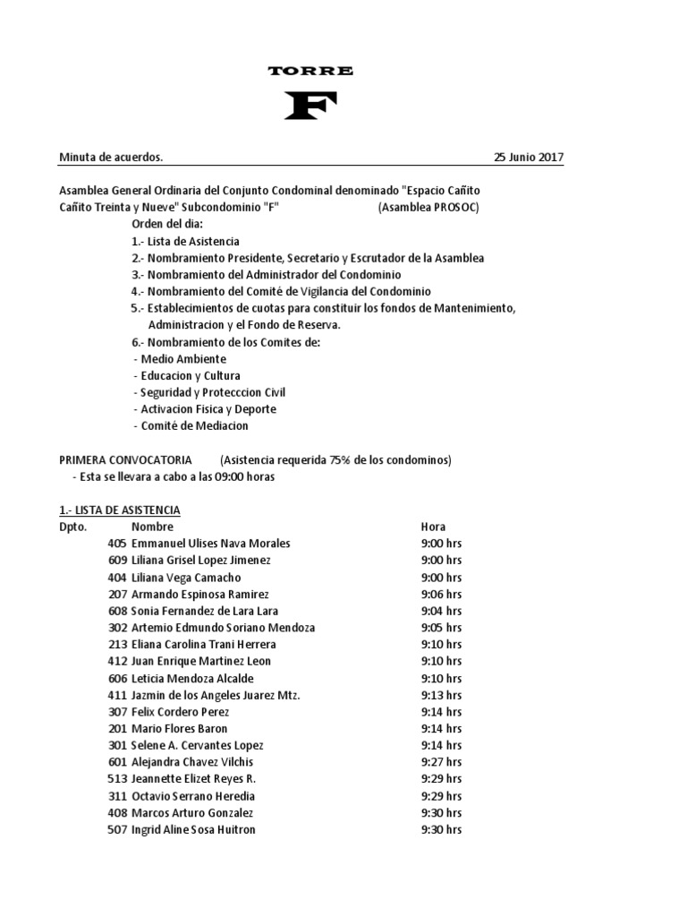 Minuta Asamblea Cañito 39, Condominio F | PDF | Condominio | Derecho ...