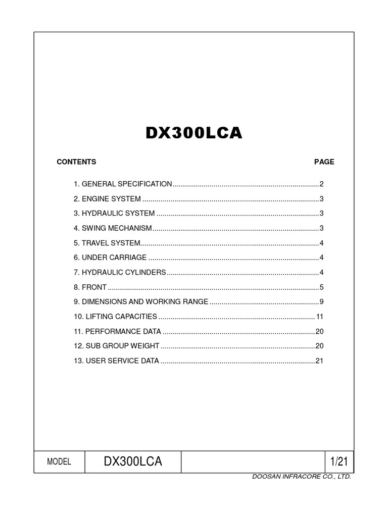 Specification Sheet DX300LCA | PDF | Horsepower | Rotating Machines