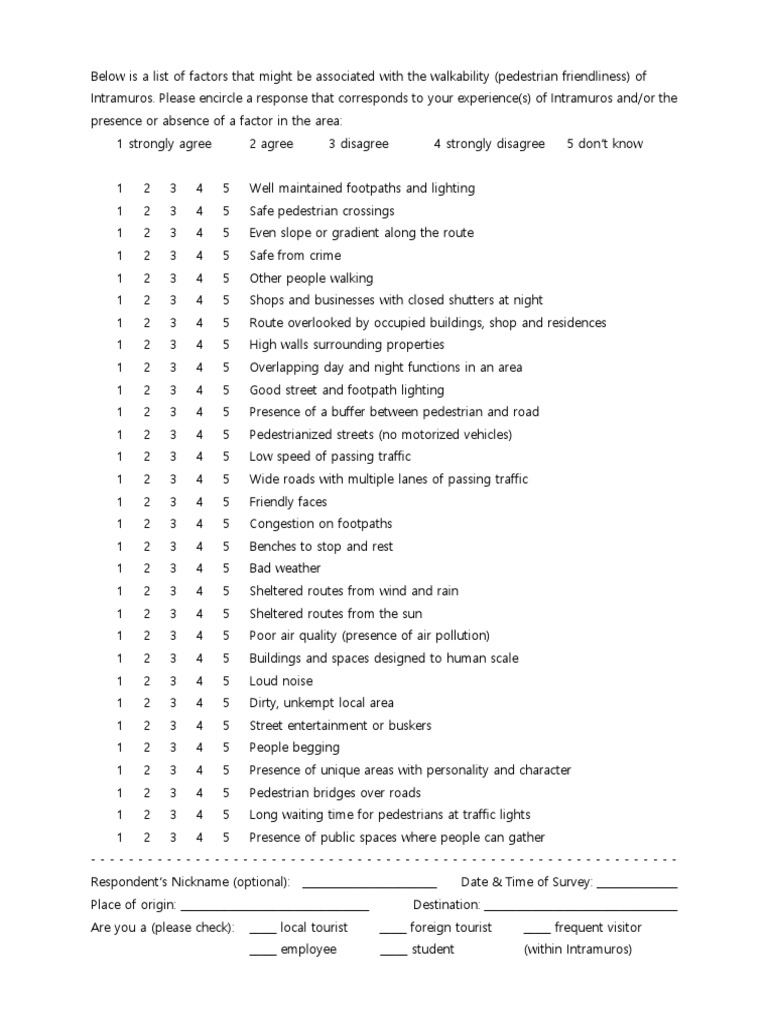 Intramuros Walkability Survey Questionnaire | PDF | Traffic | Pedestrian