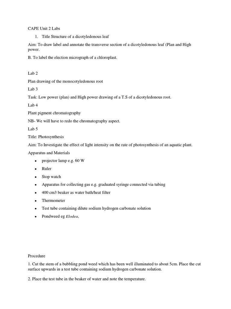 CAPE Unit 2 Labs | PDF | Photosynthesis | Water