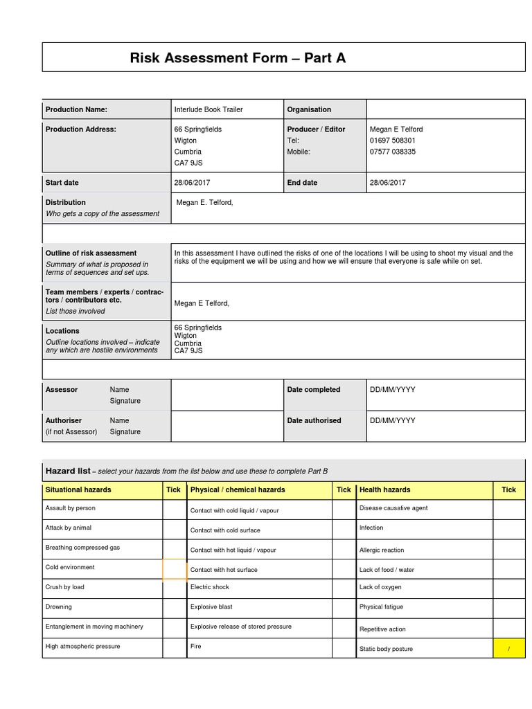 Risk Assessment Form - Part A: Hazard List | PDF | Explosive Material ...