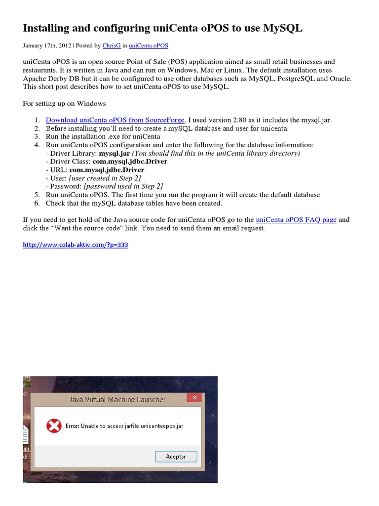 MANUAL - Installing and Configuring UniCenta OPOS To Use MySQL | PDF