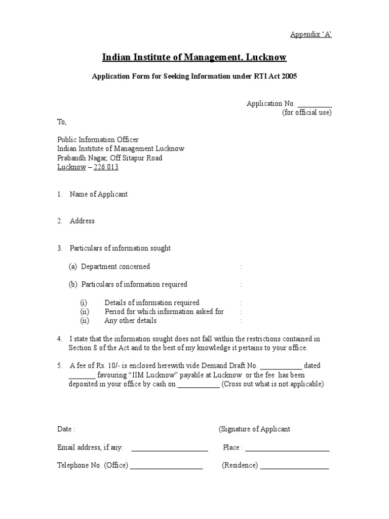 Indian Institute of Management, Lucknow: Application Form For Seeking ...