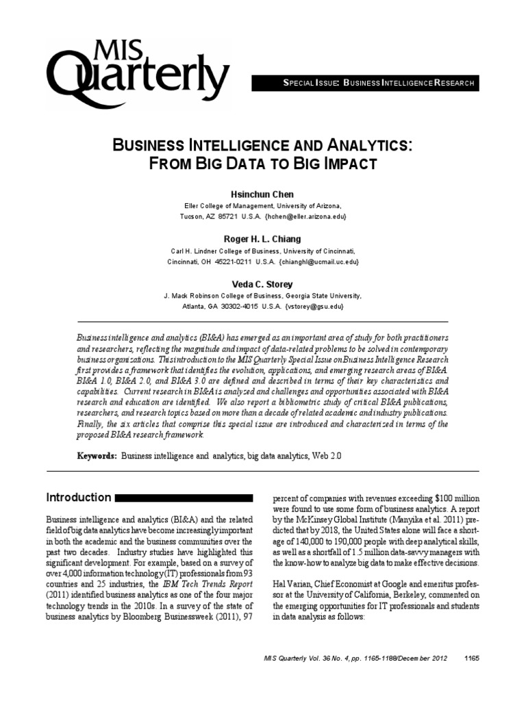 Business Intelligence and Analytics From Big Data To Big Impact PDF ...