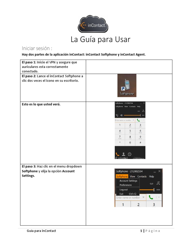 Guía de Uso de inContact Softphone | PDF | Contraseña | Point and Click