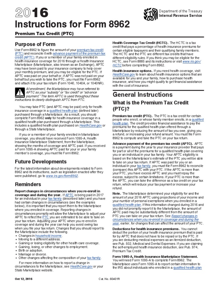 Form 8962 Instructions for PTC | PDF | Personal Exemption (United ...