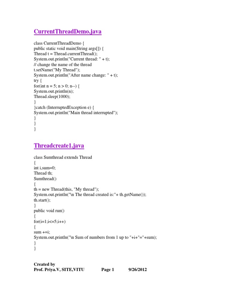 Currentthreaddemo - Java: Created by Prof. Priya.V, Site, Vitu 1 9/26/2012 | PDF | Programming ...