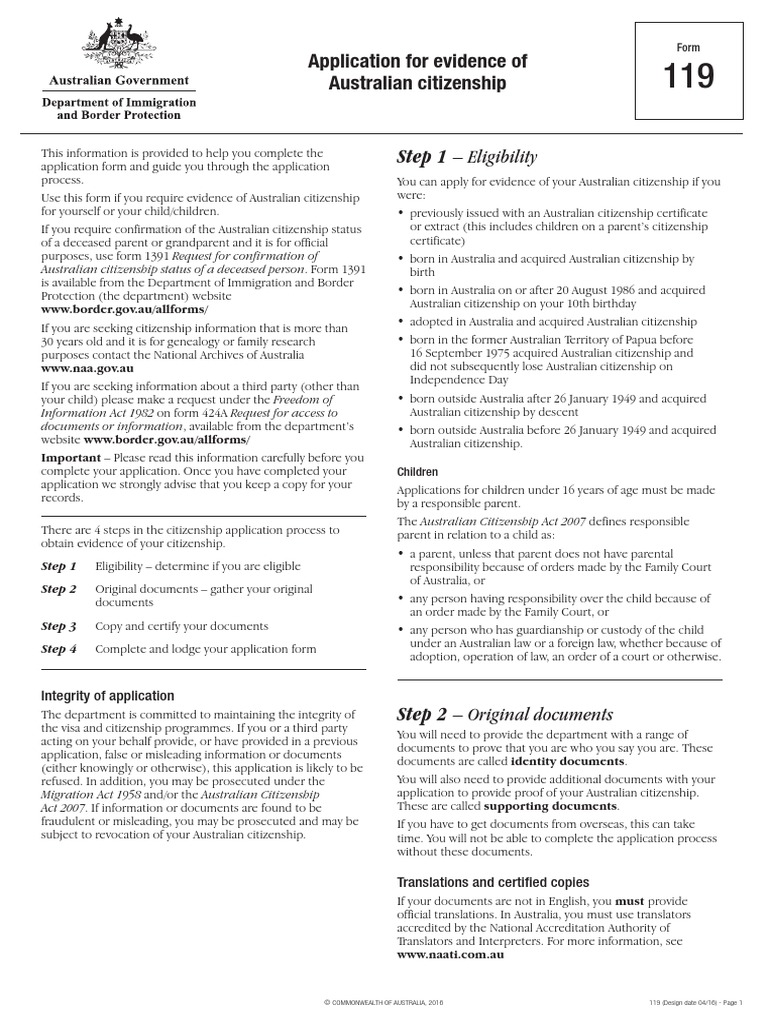 Form 119: Evidence of Citizenship Application | PDF | Identity Document ...