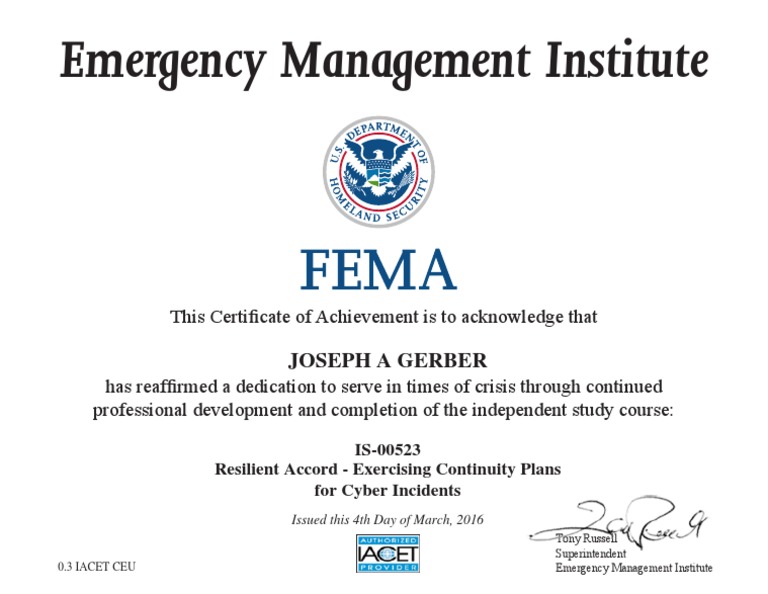 FEMA IS-00523 Certification PDF | PDF