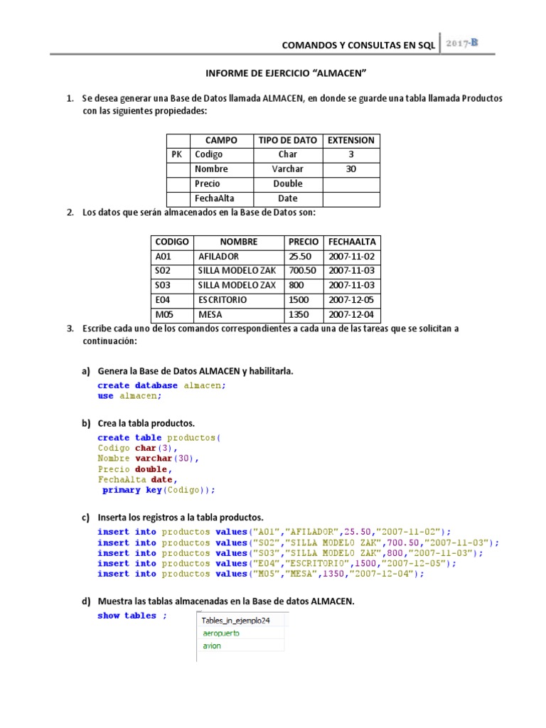 Ejercicio Almacen SQL | PDF | Tabla (base de datos) | SQL
