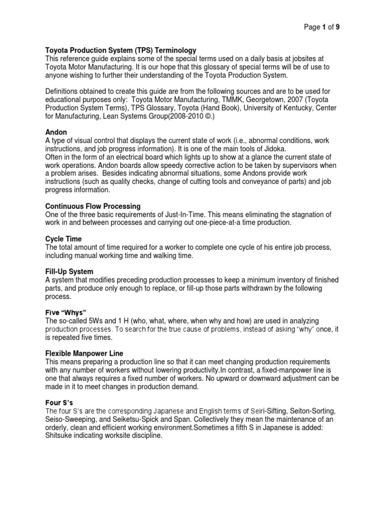 Toyota Production System Glossary | PDF | Operations Management | Inventory