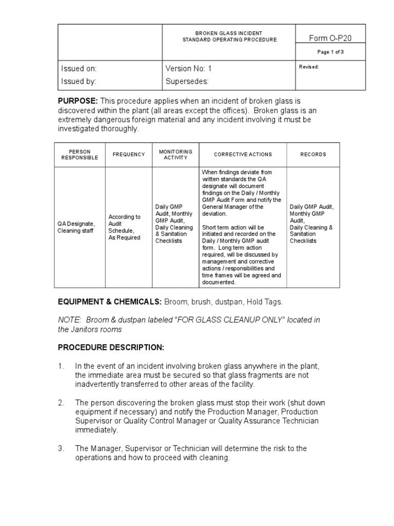 Broken Glass Incident SOP | PDF | Quality Assurance | Audit