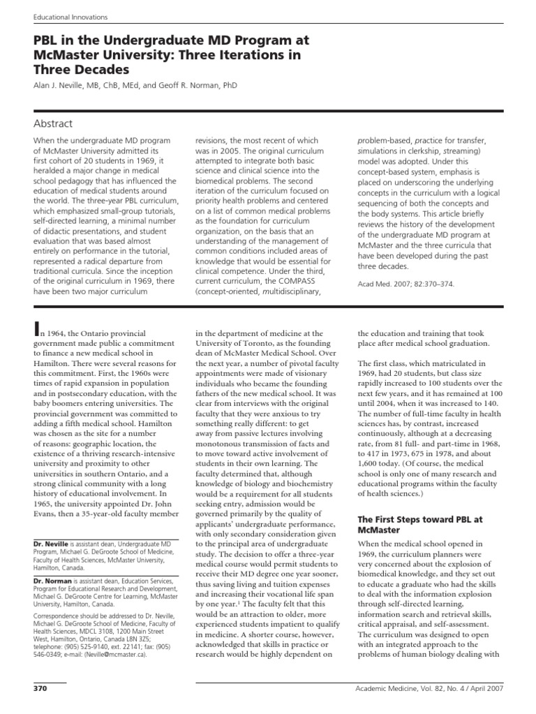 PBL Iterations Mcmaster | PDF | Medical School | Curriculum