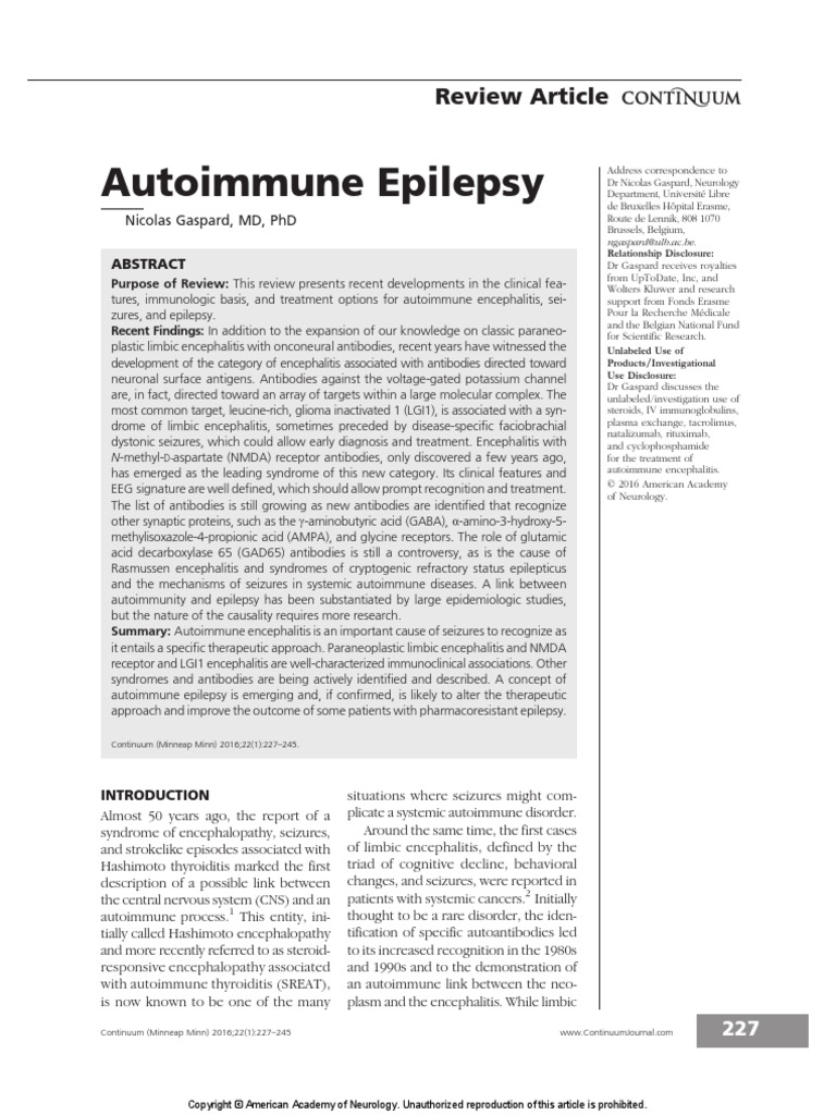 Autoimmune Epilepsy Continuum 2016 | Epilepsy | Clinical Medicine