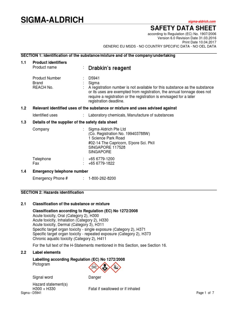 MSDS Drabkin's Reagent | Toxicity | Cyanide